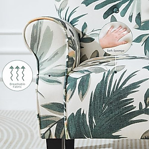 MELLCOM Mid Century Wingback Arm Chair,Modern Upholstered Fabric High Back Accent Chair with Wood Legs,Upholstered Single Sofa Club Chair for Living Room, Bedroom, Home Office, Green Leaves