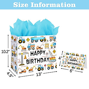 13" Large Happy Birthday Gift Bag for Baby Boy Kids with Tissue Paper and Card (Construction Vehicle)