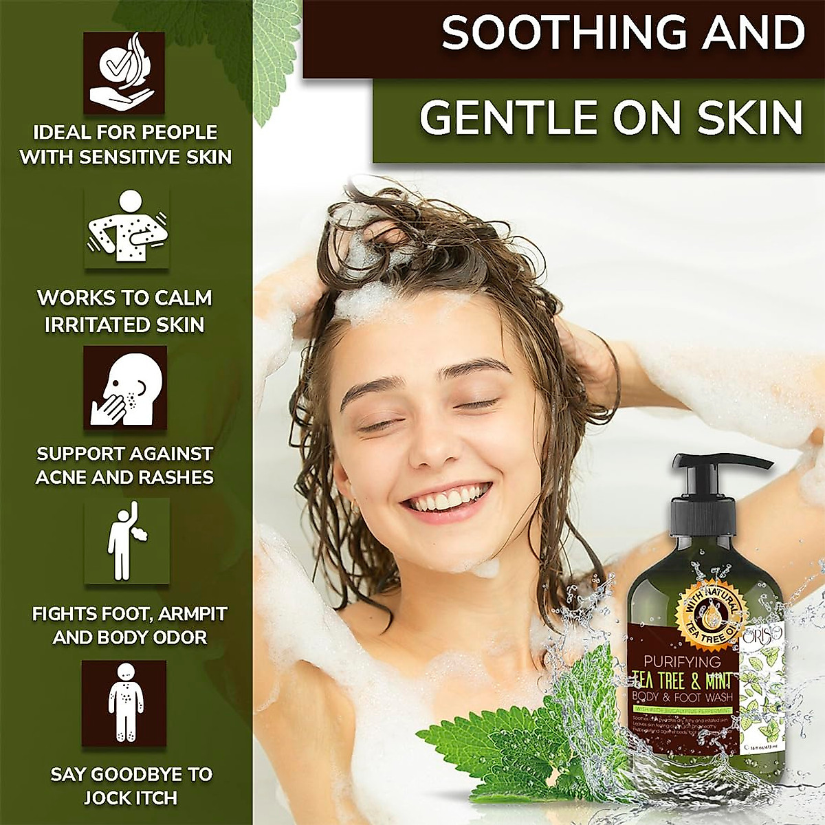 Tea Tree Body Wash with Mint for Women and Men - Helps Acne - Athletes Foot - Jock Itchy - Ringworm - Eczema - Body Odor - Itchy Skin - Moisturizing and Hydrating Sensitive Skin - 16oz