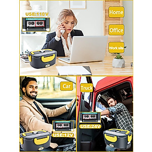Buddew Electric Lunch Box 80W Food Heater for Adults, 12/24/110V Portable Lunch Warmer Upgraded Heated Lunch Box for Car/Truck/Office with SS Fork&Spoon and Insulated Carry Bag(Yellow)
