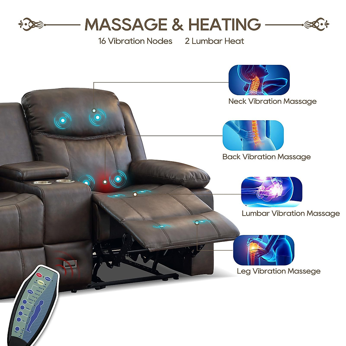 PALLOME Loveseat Recliner Sofa, PU Leather Sofa Couch, Manual Recliner Loveseat with Console, Double Reclining RV Sofa with Cup Holders and Side Pocket for Living Room/Office/Apartment (Brown)