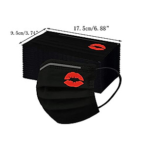 Mikilon, 50 Pcs Adults Black Disposable Face Masks for Women Men with Designs Printed Breathable Full Face Cover Protection 3 Ply (Red Heart), One Size