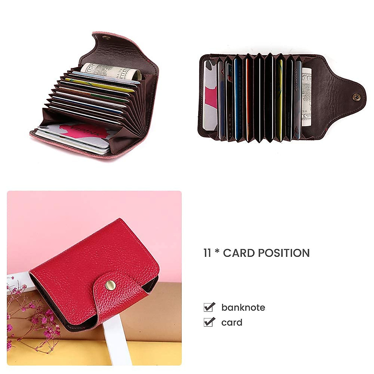 Brass Tacks Leathercraft Full Leather Card Cases for Women 11 Card Position 10 Colors Small Women's Wallet (Pink)