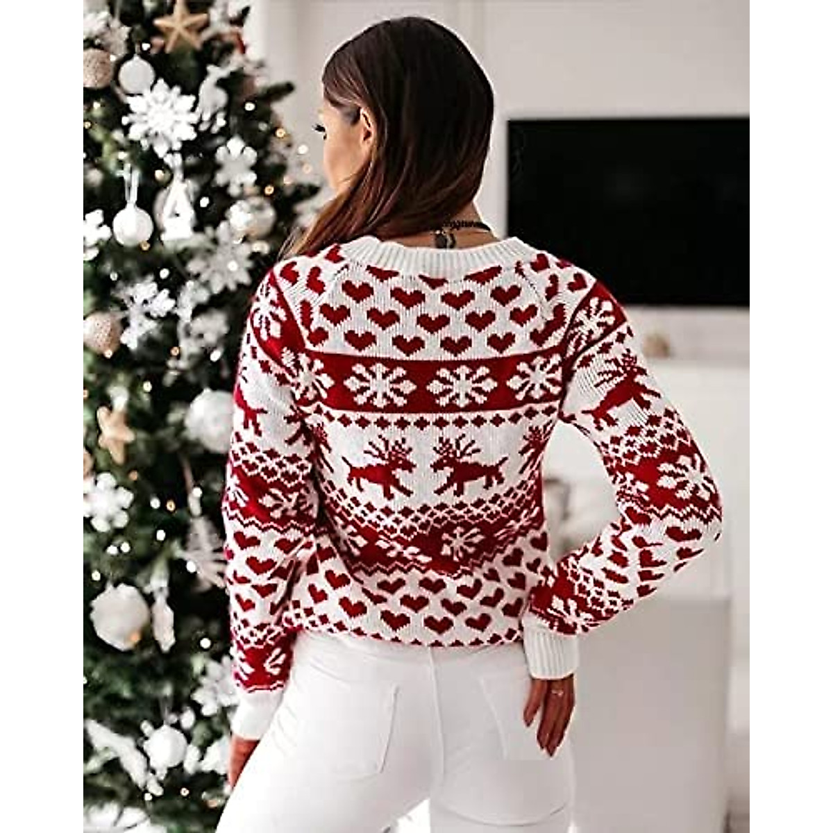ZAFUL Women's Christmas Reindeer Xmas Snowflake Patterns Knitted Sweater Long Sleeve Elk Floral Printed Pullover White