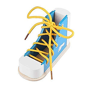 NUOBESTY Learn to Tie Shoes Wooden Lacing Shoe Toy Shoelaces Tying Toy Teaching Kit for Kids, Blue