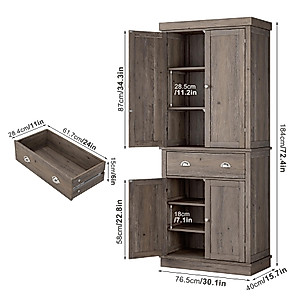 FOTOSOK 72" Kitchen Pantry Storage Cabinets with Drawer, Freestanding Cupboard with 4 Doors, Drawer, 4 Shelves, Utility Pantry Cabinet for Kitchen, Dining Room, Living Room, Ash Grey