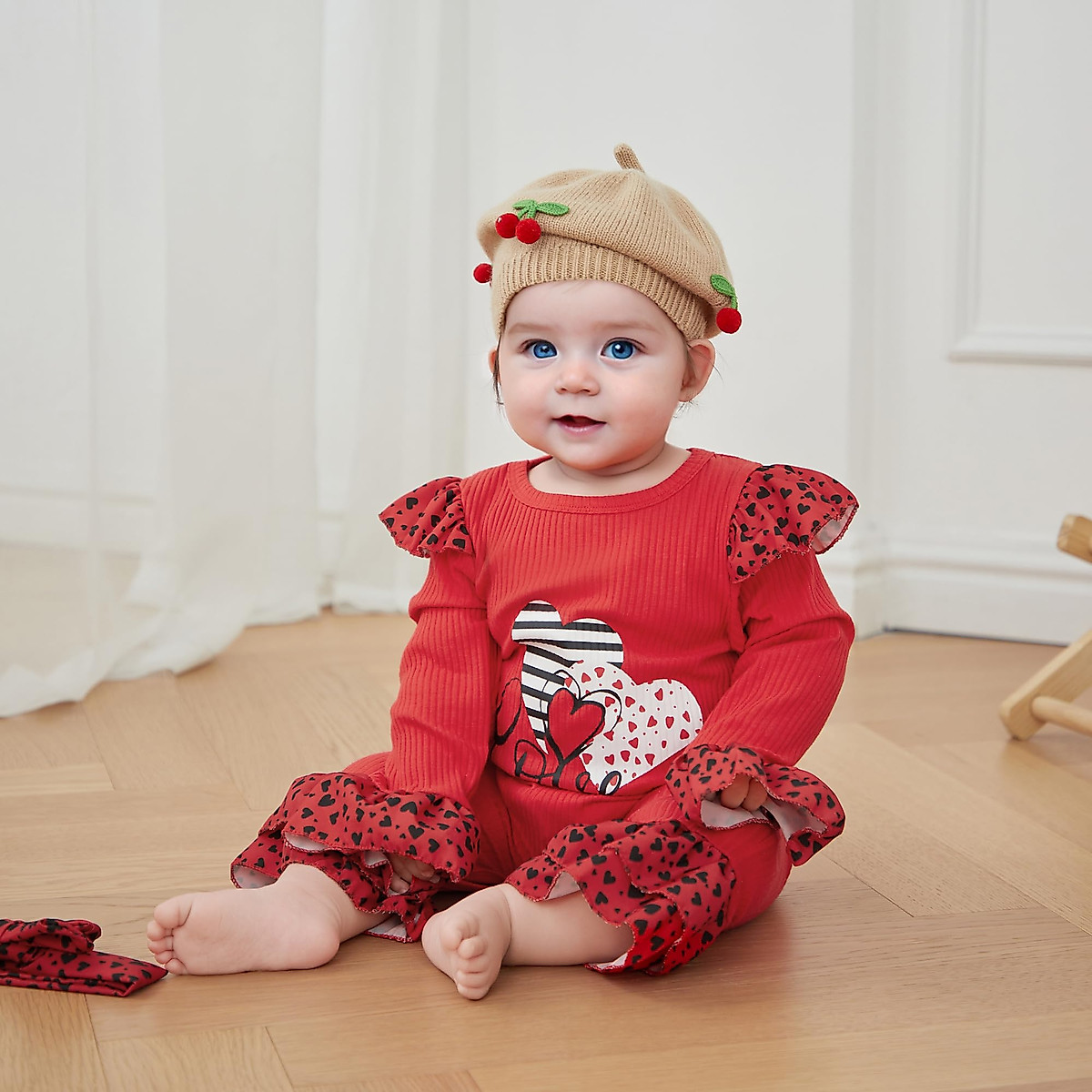 Emmababy Valentines Day Outfit Baby Girl Flared Jumpsuit Heart Print Ruffle Romper Long Sleeve Playsuit Bodysuit Headbands (red, 0-3 Months)