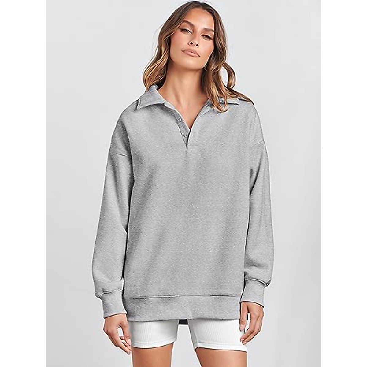 Caracilia Womens Oversized Sweatshirts Fleece Cute Pullover Long Sleeve Dressy Casual Shirts Comfy Hoodie Fall Tops Lightweight Buttons Down Sweatshirt 2023 Fashion Clothes C113A8-huahui-L Grey