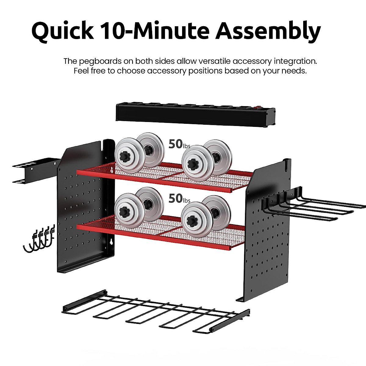 FUZVOL Power Tool Organizer Wall Mount With Power Strip 8-outlet Surge Protector, Heavy Duty Garage Storage Shelves Rack With Drill Bit Holder, Cordless Power Tool Holder With Charging Station，Red