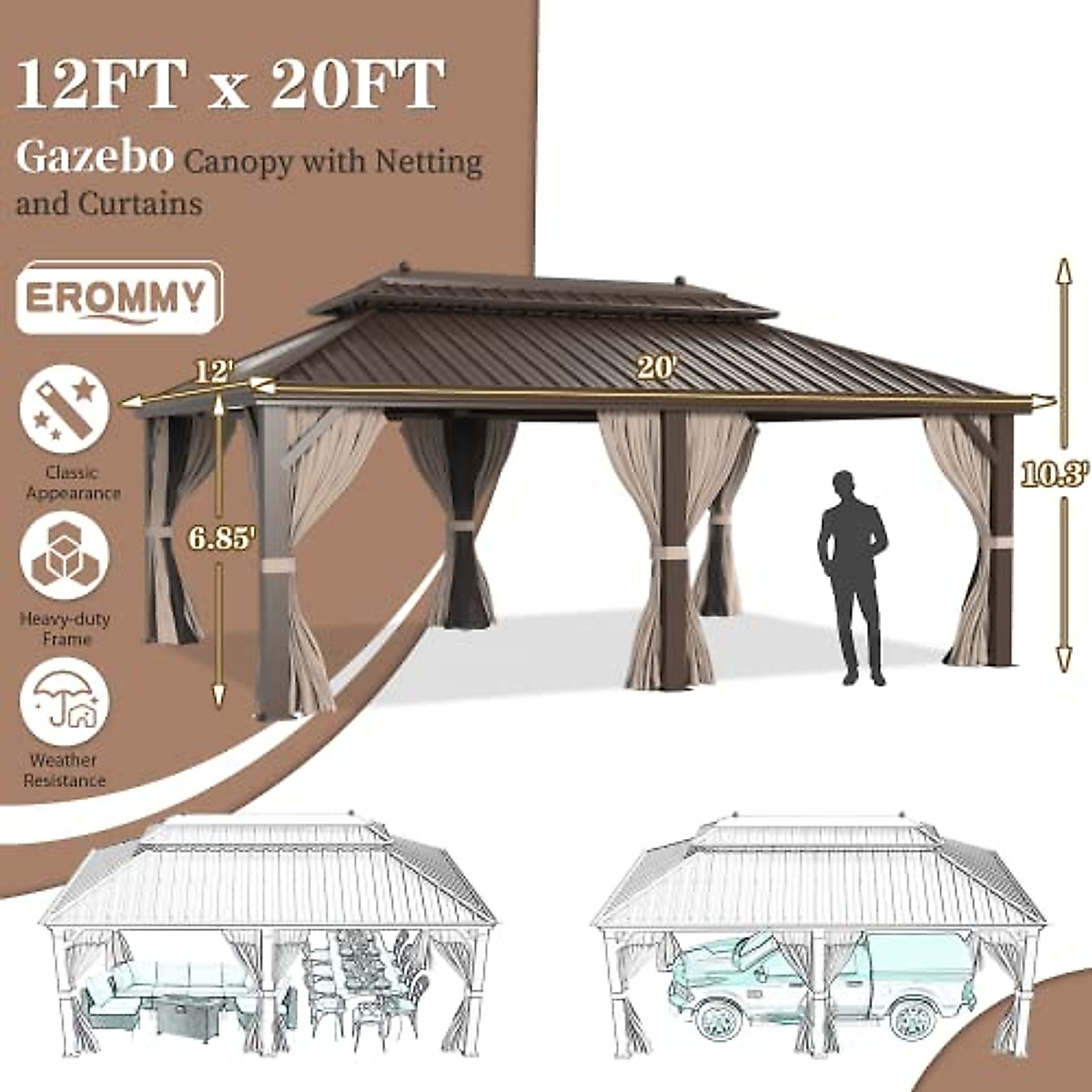 EROMMY Hardtop Gazebo Galvanized Steel Outdoor Gazebo Canopy Double Vented Roof Pergolas Aluminum Frame with Netting and Curtains for Garden,Patio,Lawns,Parties (12'x 20')