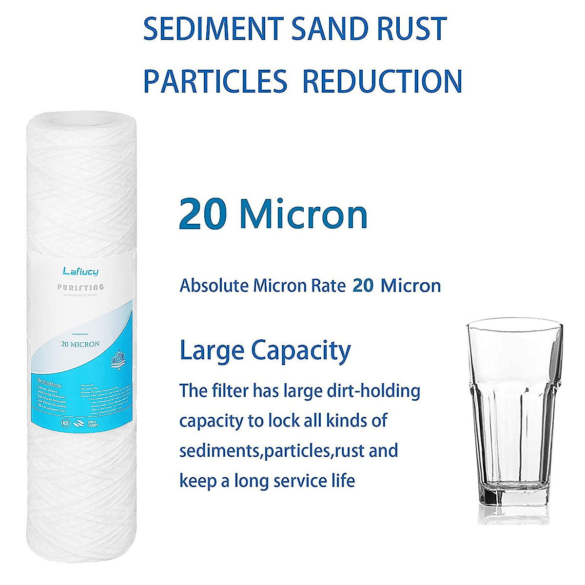 Lafiucy 20 Micron 10" x 2.5" String Wound Sediment Water Filter Cartridge,5 Pack,Whole House Sediment Filtration, Universal Replacement for Most 10 inch RO Unit
