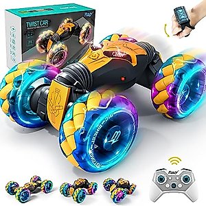 1:12 Gesture Sensing RC Stunt Car Toys 2.4GHz Rotating Wall Climbing Twist 4WD Large Remote Control Car Toys Off Road Monster Truck 360° Flips Lights with Music Drift Rc Car for Boys Age 8-12, Yellow