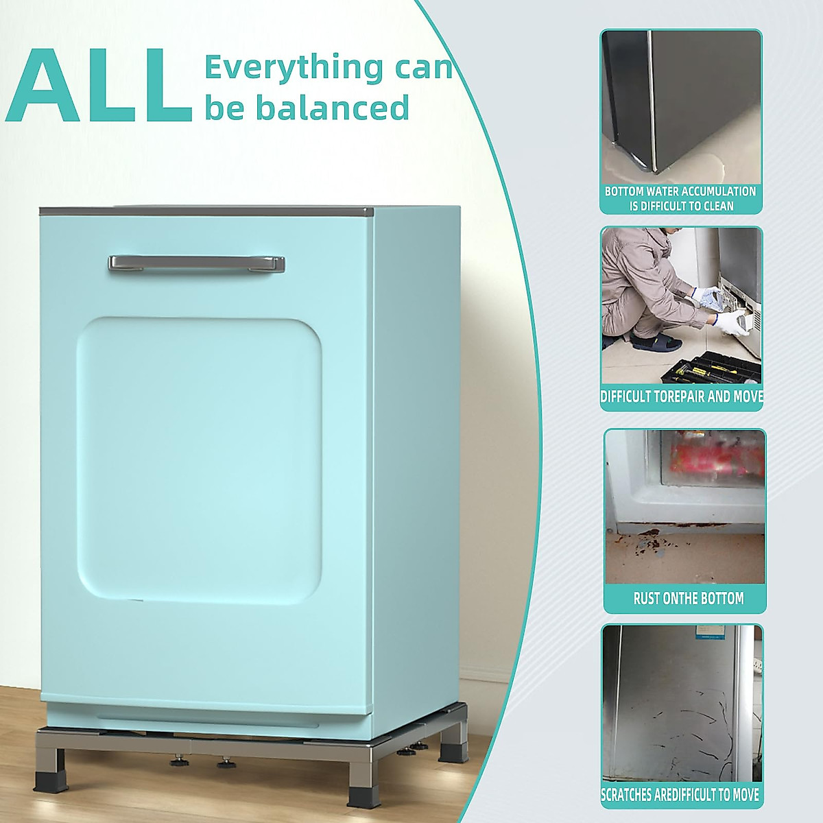 ANBase Heavy Duty All Stainless Steel Fridge Stand Universal Adjustable Washing Machine Refrigerator Stand Base 4 Sturdy Feet for Refrigerator,Washing Machine,and Dryer(Large)