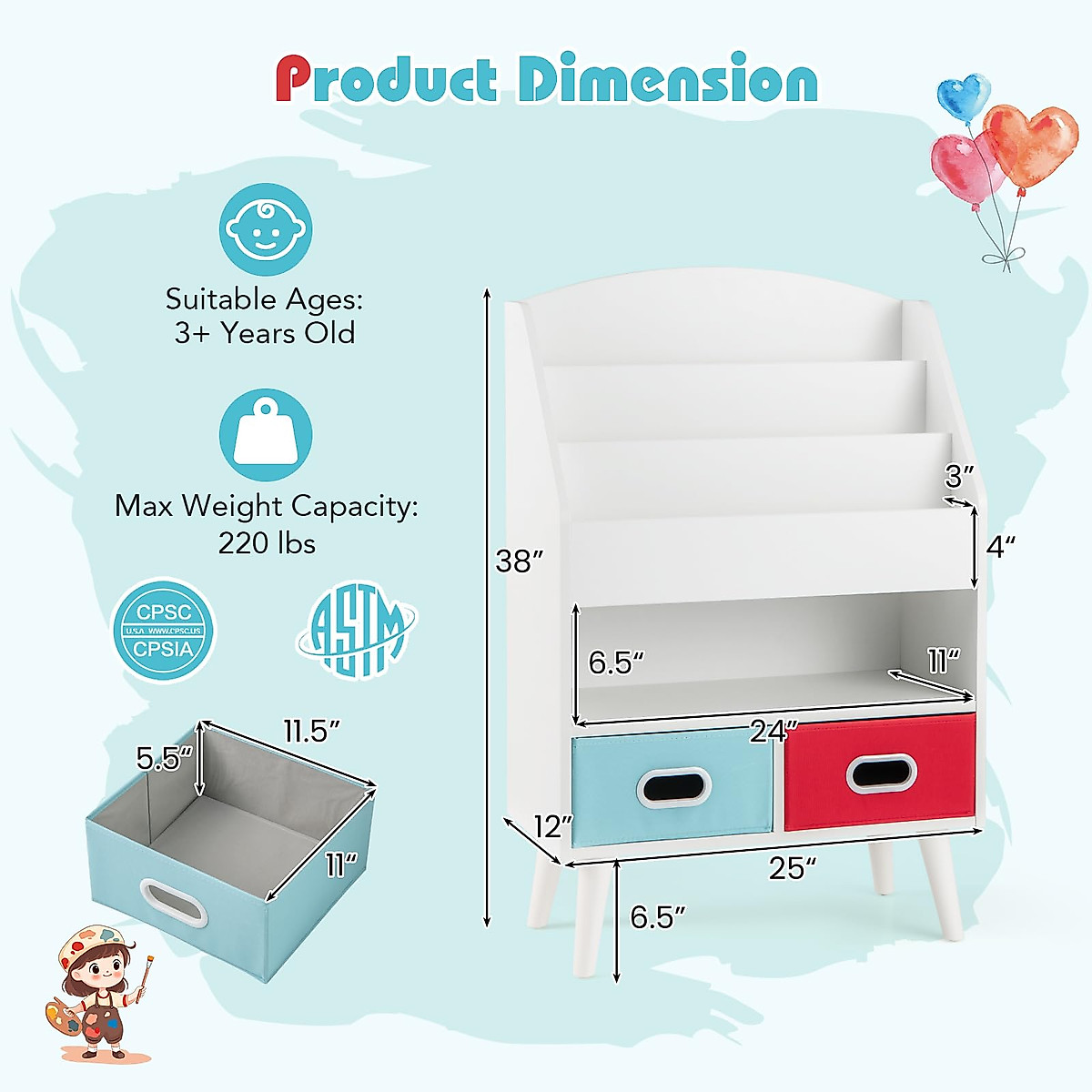 Costzon Kids Bookshelf, 5-Tier Wooden Children’s Book Rack with 2 Cube Bins for Books and Toys, Montessori Bookshelf for Toddlers, Kids Bookcase for Playroom, Nursery, Classroom (White)