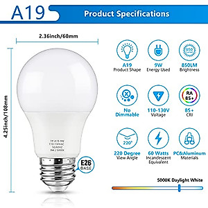 Maylaywood A19 LED Light Bulbs, 60 Watt Equivalent LED Bulbs, Daylight White 5000K, 850 Lumens, E26 Standard Base, Non-Dimmable, 9W Bright White LED Bulbs for Living Room Bedroom Home Office, 4-Pack