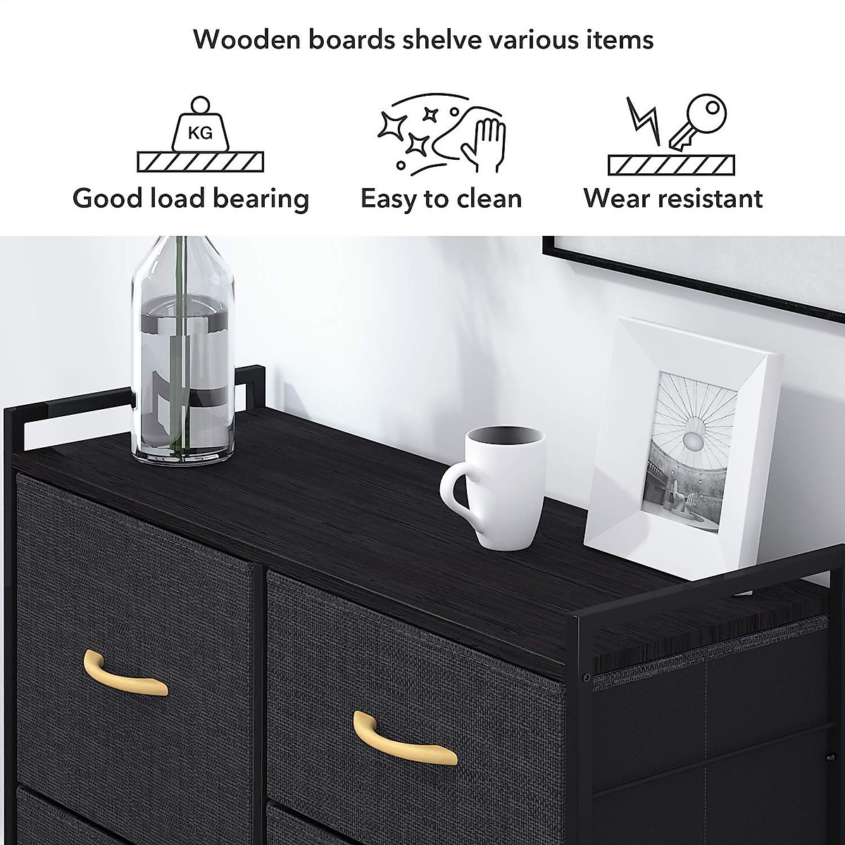 ROMOON Fabric Dresser for Bedroom, Chest of Drawers with Removable Fabric Bins, Organizer and Storage Drawers for Closet, Living Room, Entrance, Nursery (Dark Grey)