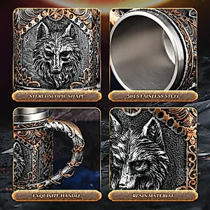 Nordic Viking Rune Mug - Beer Tankard Cup for Men - Stainless Steel Wooden Viking Coffee Cool Mug - Viking Gift and Norse Decor - Medieval Design - Ideal Beer Stein