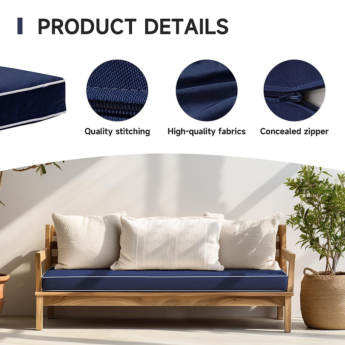 PNP FKJP Outdoor Bench Cushion 48" x 18" x 3", Waterproof Patio Furniture Cushions,Outdoor Porch Swing Cushion,Navy (Cushion + Cover)