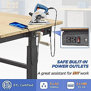 BMJX 43.3” Work Benches for Garage Height Adjustable Work Table with Crank Handle & Casters, Heights from 30” to 41.3”, Wooden Top Workbench for Workshop, Office, Home