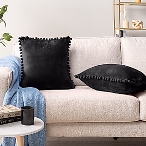 PAVILIA Black Throw Pillow Covers with Pom Pom 18x18 Set of 2, Decorative Pillow Cases for Bedroom Aesthetic, Small Throw Pillows Set for Bed, Velvet Euro Plush Cushion Covers for Sofa Couch