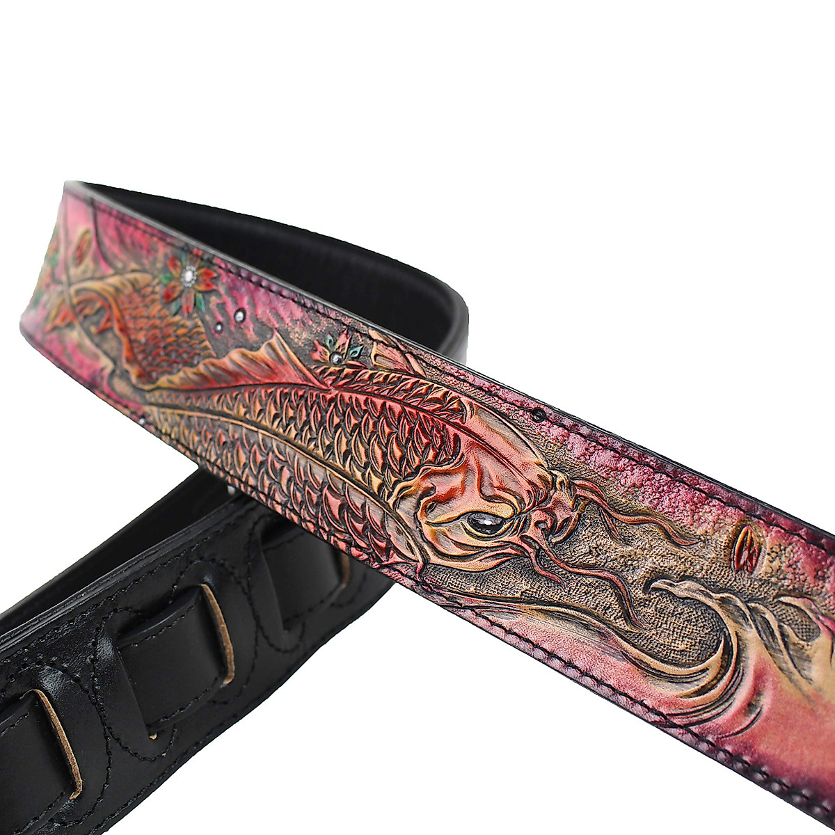 Walker And Williams KB-21 Black & Magenta Carved Grain Leather Strap W/Fire Koi Design