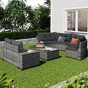 Merax 8-Pieces Outdoor Wicker Round Sectional Curved Sofa Set with Rectangular Coffee Table, PE Rattan Water-Resistant and UV Protected, Movable Cushion, Half-Moon Style, Grey_8Pcs