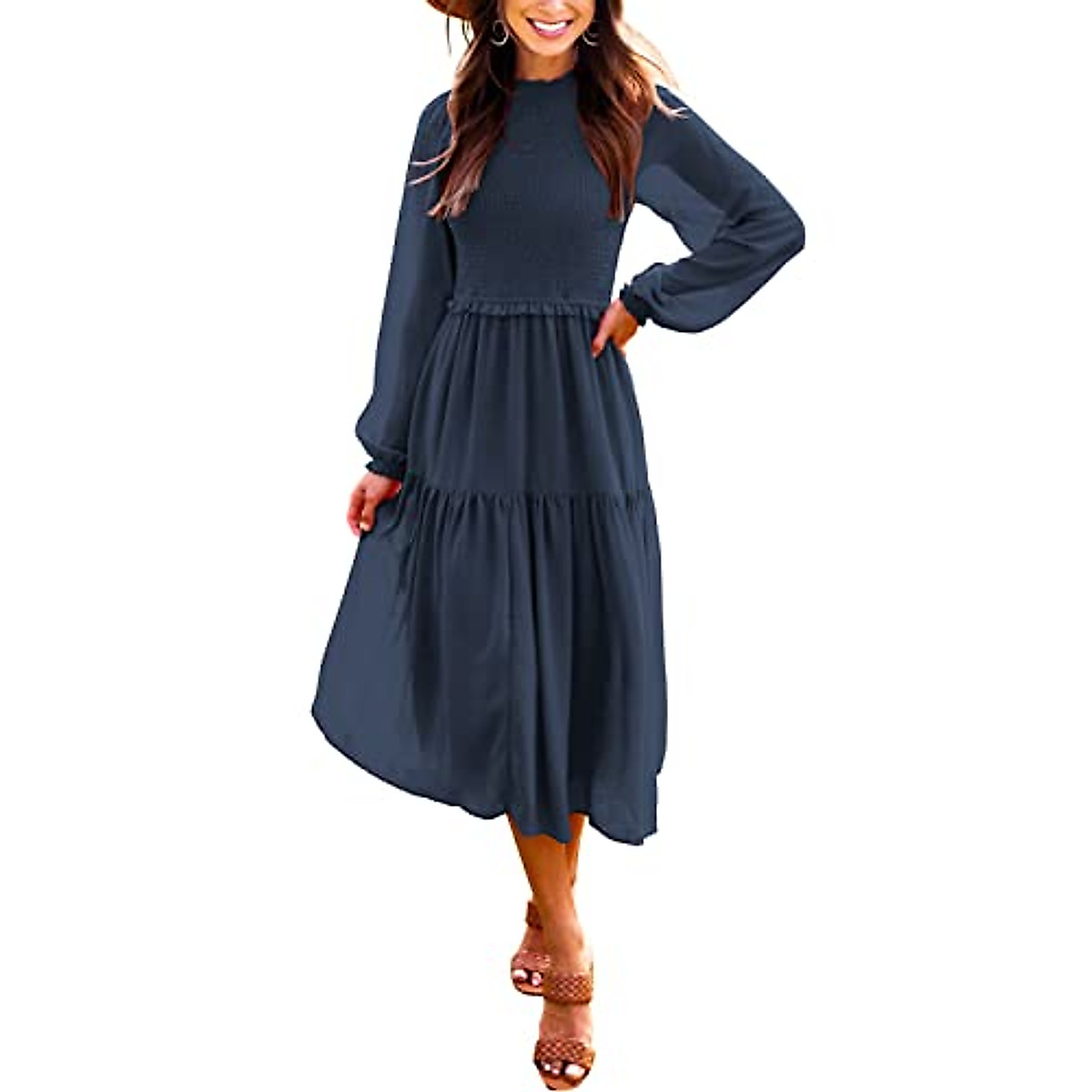 LOGENE Womens Long Sleeve Boho Smocked Midi Dress Casual Tiered Dress with Pockets 575-zanglan-S Navy Blue