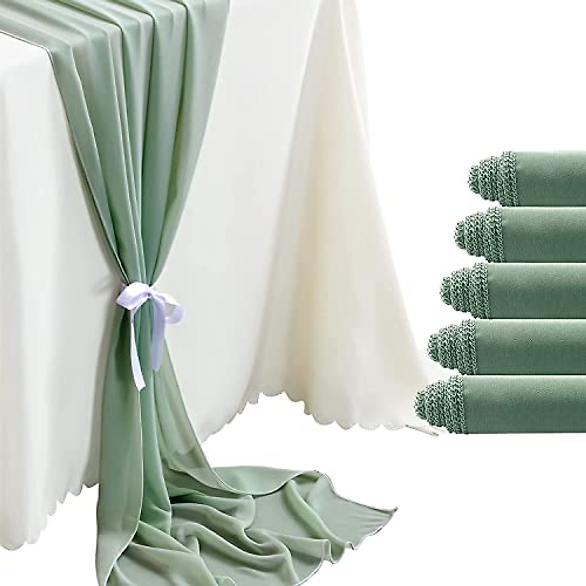 5 Pack Sage Green Chiffon Table Runner 10Ft Wedding Table Runner 29x120 Inches Sheer Romantic Tulle Table Runner for Wedding Decor Bridal Shower Baby Shower Birthday Party Cake Table Decoration