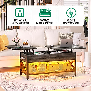 Besiost Coffee Table, Lift Top Coffee Table with Storage, LED Light & Power Outlet and Hidden Compartment, Retro Center Table for Living Room, X Support Wood Tabletop, Metal Frame, Black Oak