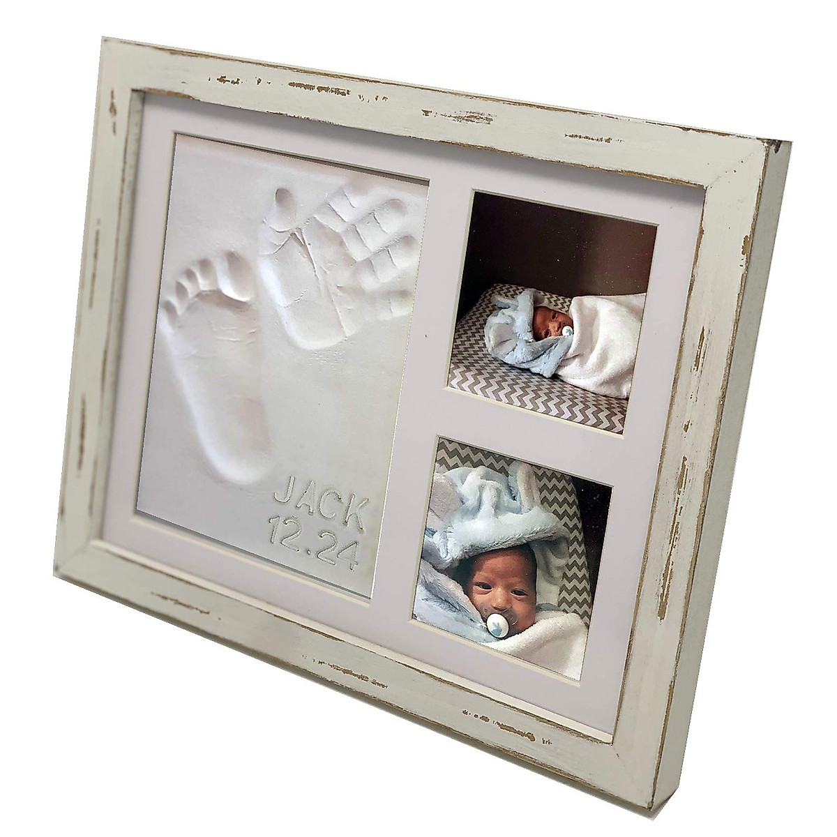 Baby Mushroom Farmhouse Baby Hand & Footprint Picture Frame Keepsake Kit - Rustic 9" x 11" Distressed Wood Frame, Clay, & Stencil for Newborns, New Mom, Registry Gift