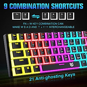 BENGOO Mechanical Gaming Keyboard, 60% Rainbow LED Backlit Compact Keyboard with 61 Keys and Blue Switches,Mini Wired Keyboard with 21 Anti-ghosting Keys for Computer Gamer PC Mac(Black)