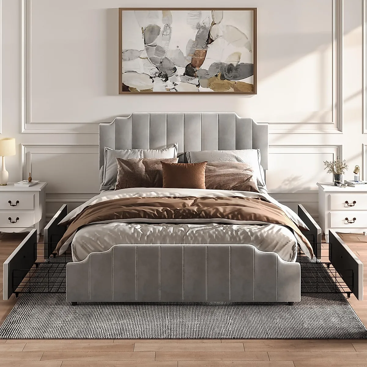 PaPaJet Queen Bed Frame with Storage Upholstered Platform Bed with 4 Drawers and Adjustable Headboard, Wooden Slats Support, No Box Spring Needed, Light Grey