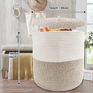 Large Storage Basket with Lid, 16"Wx18"H Woven Laundry Basket with Lid Cotton Laundry Basket, Wicker Basket Blankets Pillows Storage in Living Room, Beige/White Mix with Lid