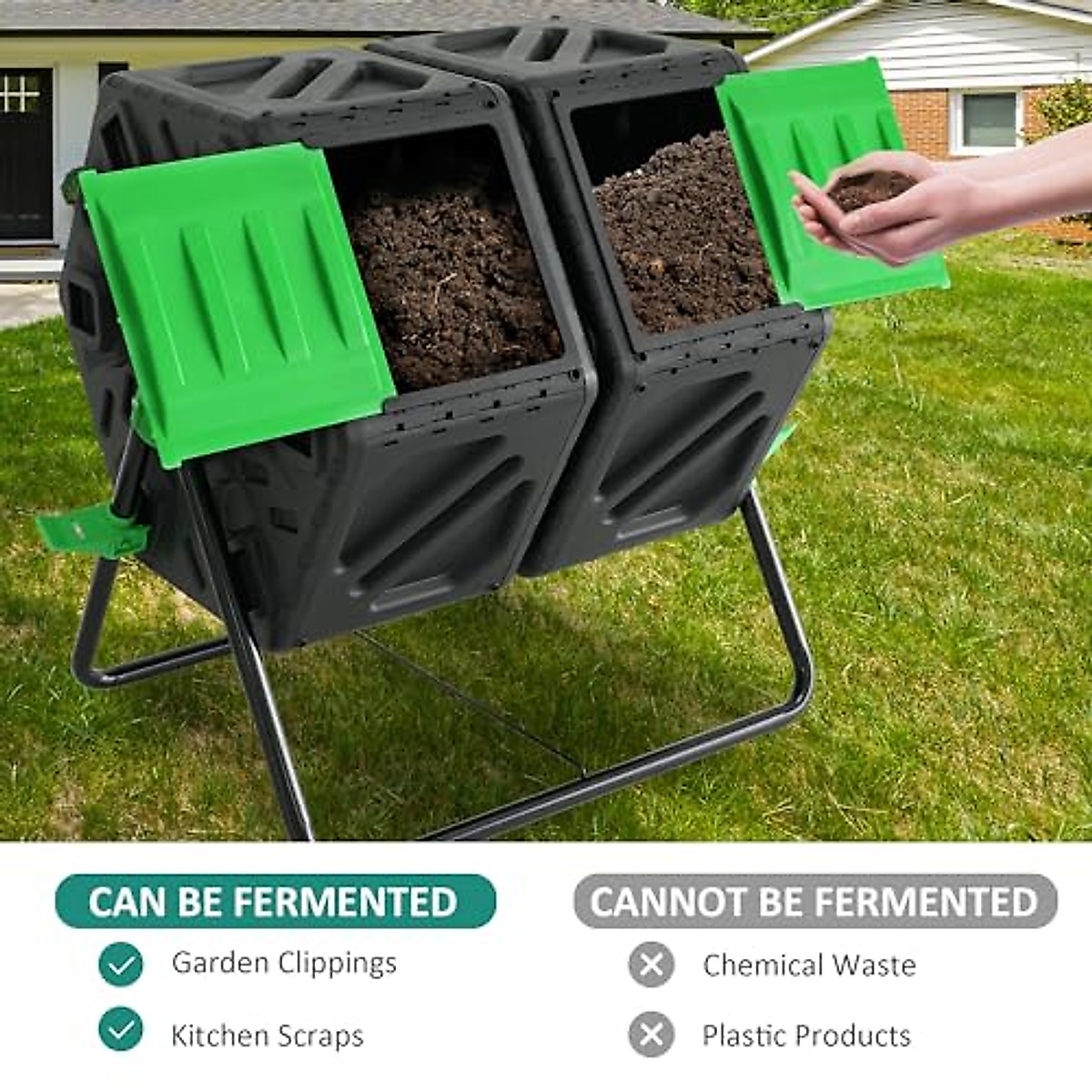 LUCKYERMORE Dual Chamber Tumbling Composter, 2-17.2 Gallon Outdoor Rotating Compost Tumbler Bin with 2 Sliding Doors and Lockable Brake for Garden Yard