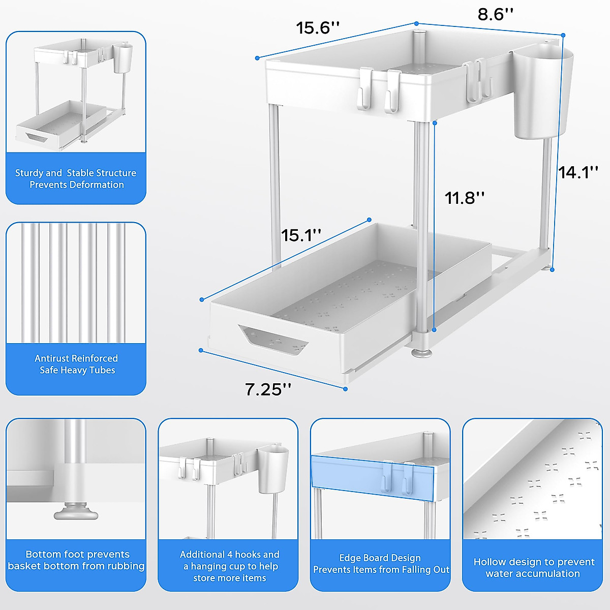 Fkprorjv Under Sink Organizers and Storage, 2 Pack Kitchen Bathroom Sink Organizer with Hooks, 2 Tier Under Sink Cabinet Basket Storage Shelf with Sliding Drawers, White