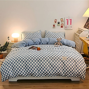 Hng Kiang Hu 4 Pieces Duvet Cover Sets Twin Size,100% Natural Cotton Pink Bedding Checkered Duvet Cover Set, Ultra Soft and Easy Care Breathable Cozy Bedding Set Collections (Blue, Full)