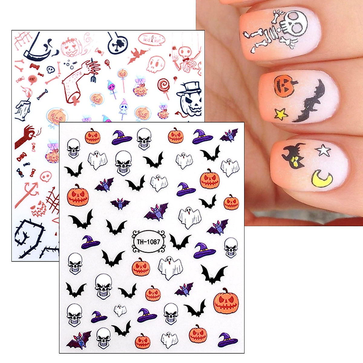 JMEOWIO 9 Sheets Halloween Glow in The Dark Nail Art Stickers Decals Self-Adhesive Pegatinas Uñas Skull Horror Nail Supplies Nail Art Design Decoration Accessories