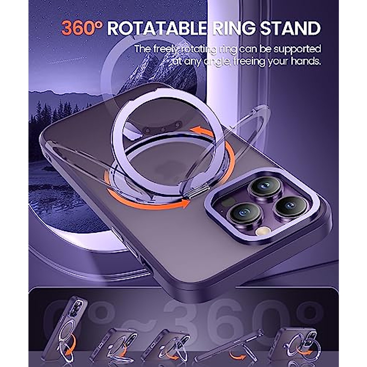 Caka 360° Rotatable Ring for iPhone 14 Pro Max Phone Case with Screen Protector & Kickstand Magnetic Ring Holder Protective Matte Case for iPhone 14 Pro Max 6.7 inches - Deep Purple