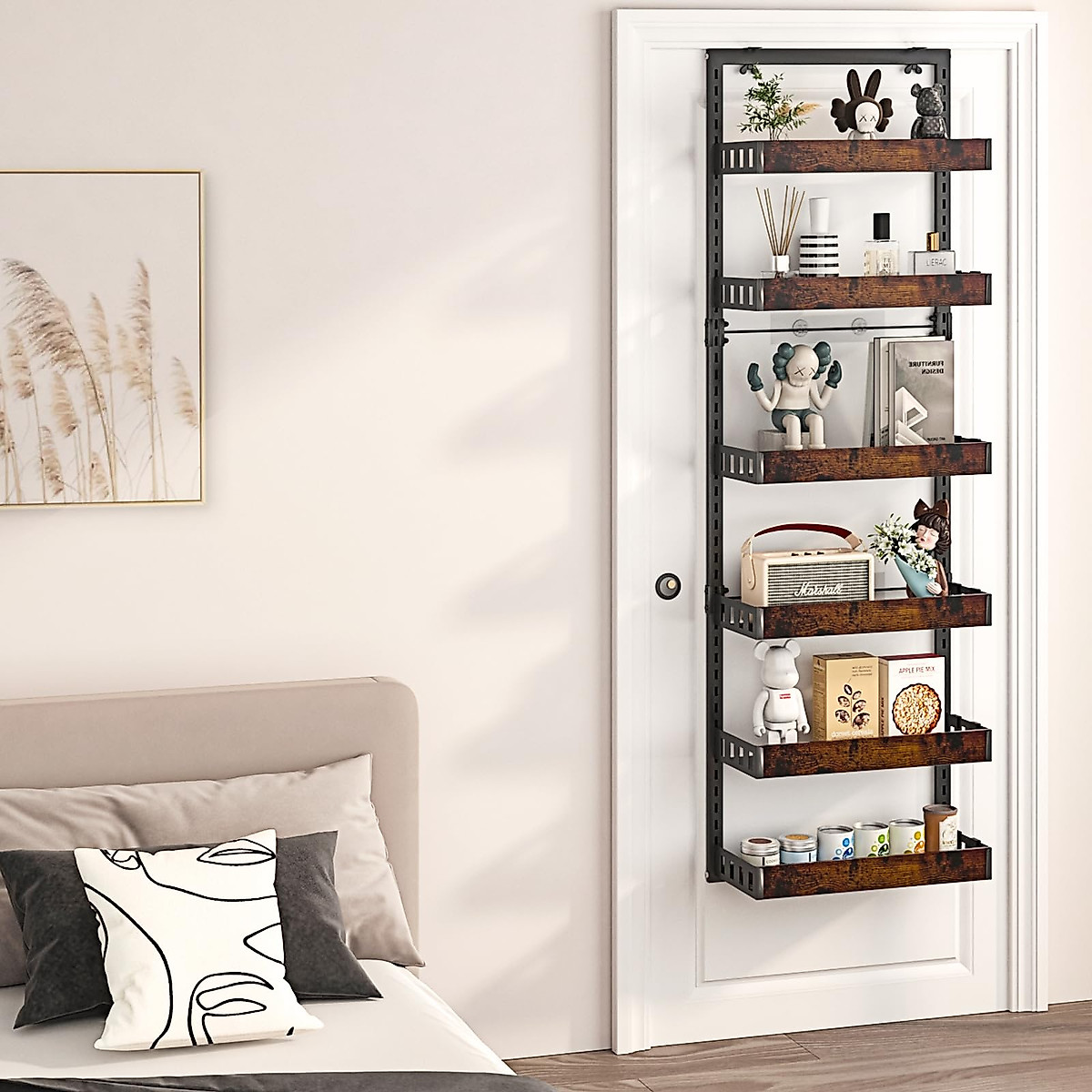 bukfen Over the Door Pantry Organizer, 6-Tier Adjustable Wooden Basket Kitchen Pantry Door Organization and Storage, Heavy-Duty Metal Hanging Kitchen Spice Rack,D6.3 x W17.71 x H50.60 inch,1 Pack