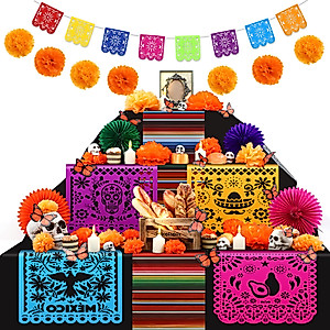 Newwiee 82 Pcs Day of the Dead Altar Decoration Kit Dia De Muertos Disposable Tablecloth Flameless LED Candle Paper Marigold Flower Fan Butterfly Mexican Papel Picado Banner Supplies (Colorful)