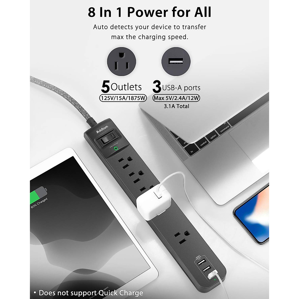 2 Pack Power Strip Surge Protector, 5 Widely Spaced Outlets 3 USB Charging Ports & Power Strip Surge Protector with 10 Outlets and 4 USB Ports