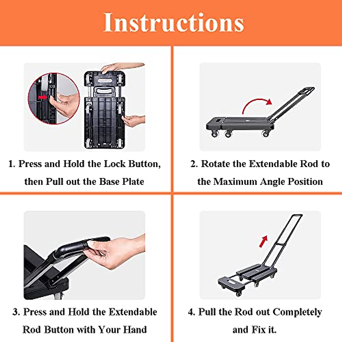 SKISOPGO Foldable Hand Truck, Luggage Cart with 2 Elastic Ropes, 500 Lbs Capacity Heavy Duty Dolley, Platform Trucks with 6 Wheels Hand Trucks Moving Travel Telescopic Rod Fully Hidden Design (Black)