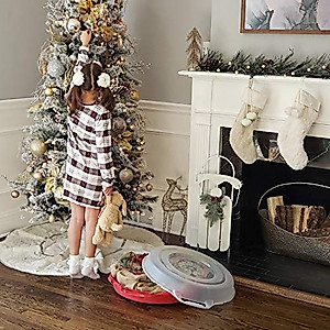 HOMZ Set of 3 Holiday Wreath Plastic Storage Containers, Holds Up to 24” Diameter, Secure Latching Lid and Easy Grip Handle, Stackable and Nestable, Red/Clear