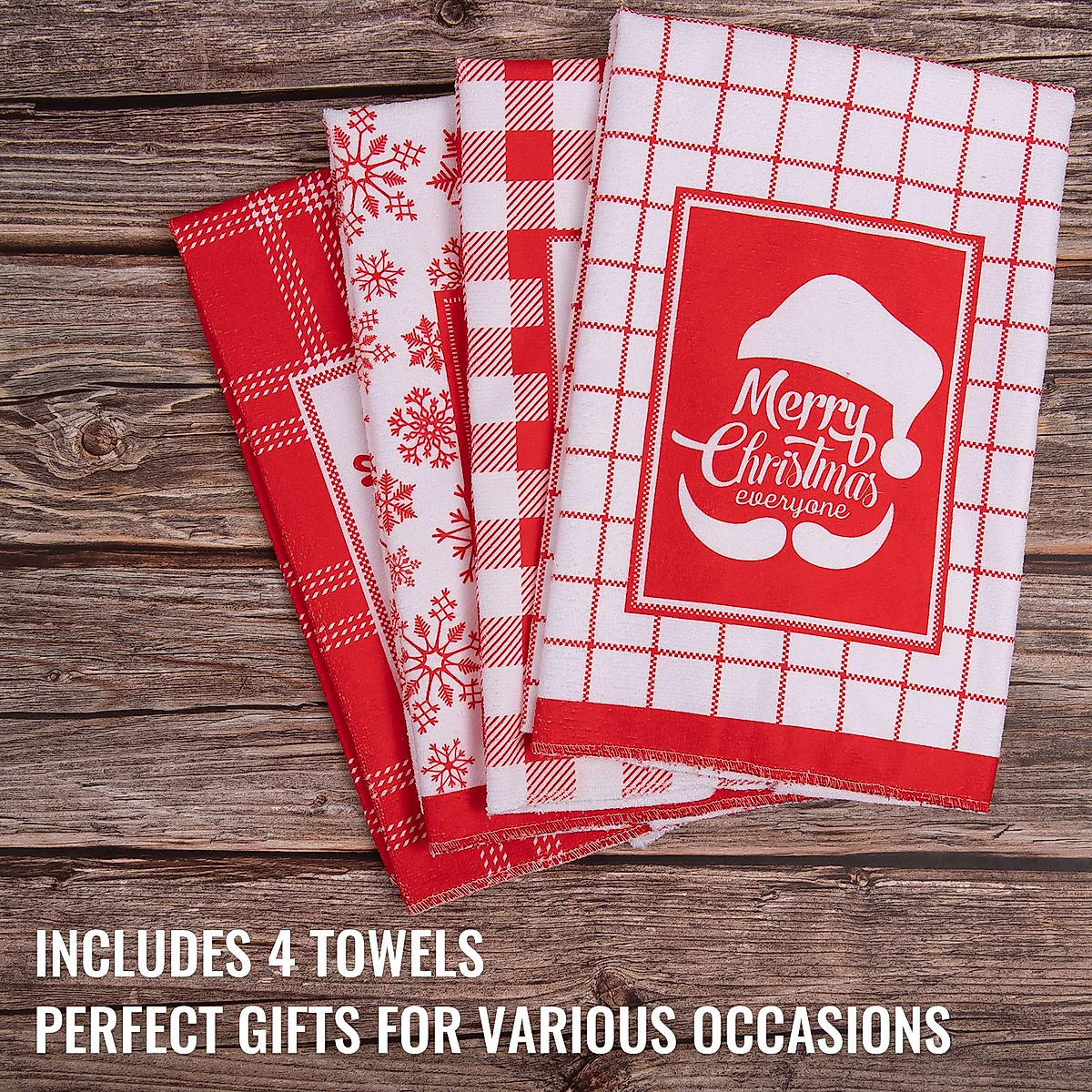 Whaline Christmas Kitchen Towel Red White Plaid Dish Towel Snowflake Xmas Tree Soft Dishcloth Large Size Decorative Holiday Cloth Towel for Christmas Home Kitchen Coking Baking, 4 Designs, 28 x 18