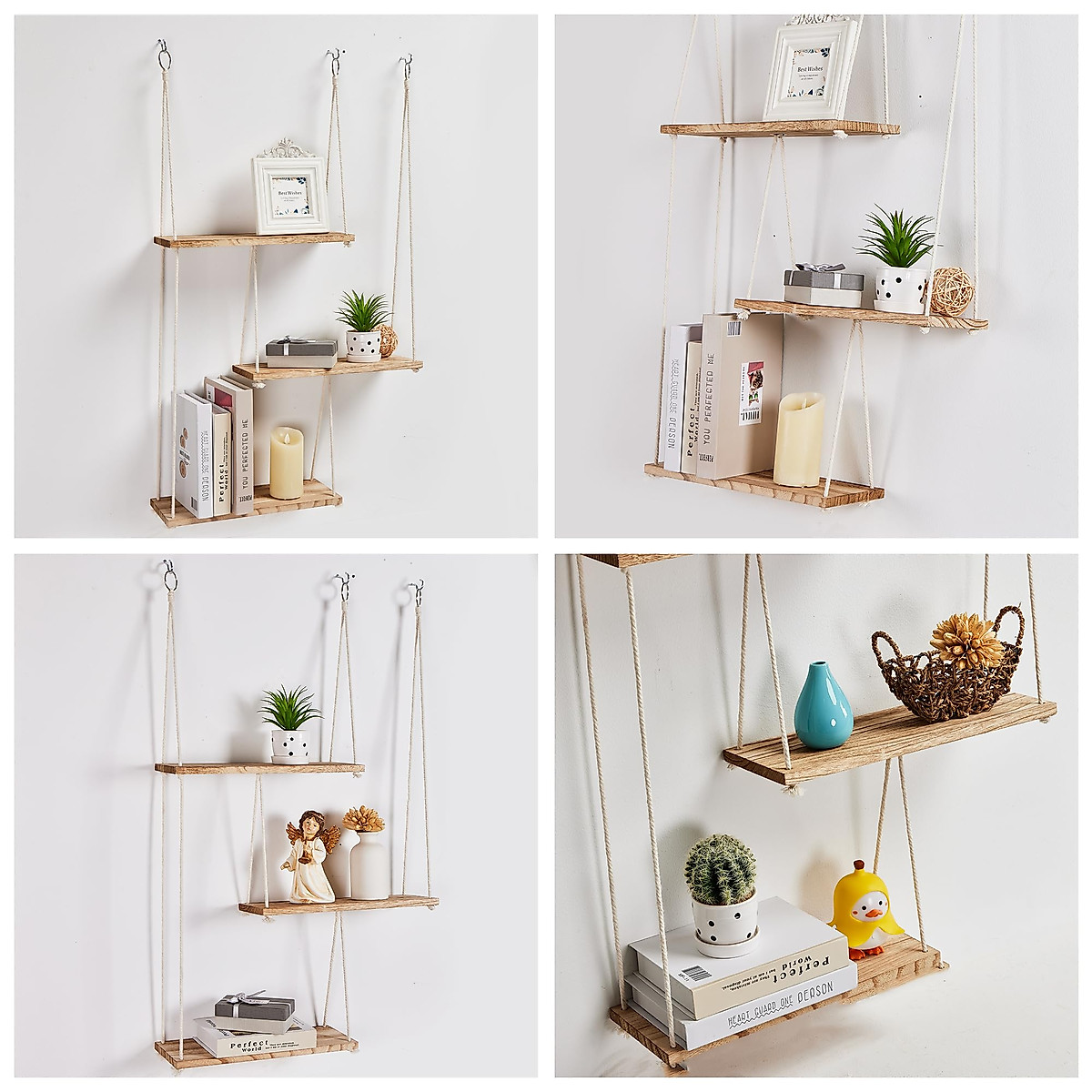 LUNKOEN Lunkeon 3 Tier Macrame Wall Hanging Shelves Boho Room Decor Handmade Cotton Rope,Wooden Hanging Storage Floating Shelves for Small Plants Books Decor,Living Bedroom Room Bedroom