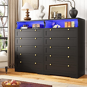 EnHomee 5 Drawer Dresser with LED, Black Dresser for Bedroom, Bedroom Dressers & Chests of Drawers, Tall Dresser with Deep Drawers for Bedroom Hallway Closet