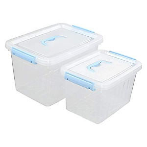 Hespama 12 Quart&6 Quart Storage Bin, Plastic Latching Box/Container with Clear Lid, Blue Handle and Latches