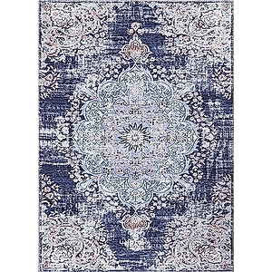 CAMILSON Printed Area Rugs with Ultra Thin Super Strong for Living Room Bedroom, Vintage Rug 8x10, Stain and Water Resistant, Traditional Bohemian Indoor Carpet (8 x 10, Blue)