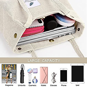 Ayieyill Corduroy Tote Bag for Women Canvas Shoulder Cord Purse with Inner Pocket（Beige）