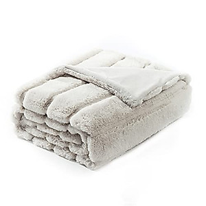 Cozy Bliss Luxury Super Soft Striped Faux Fur Throw Blanket for Couch, 50"x60" Beige, Warm Milky Plush Blanket for Sofa Bed Living Room Bedroom (Stripe-Beige)